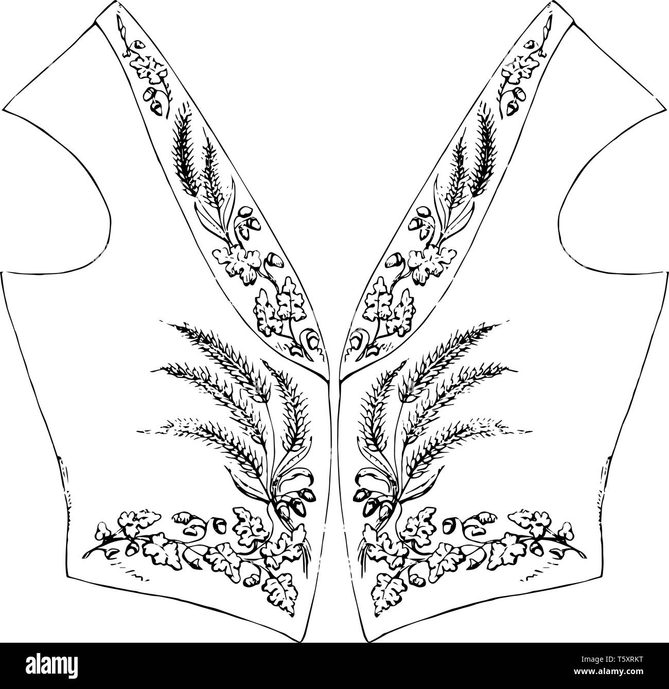 Vest is embroidered in gold on rich silk, vintage line drawing or ...