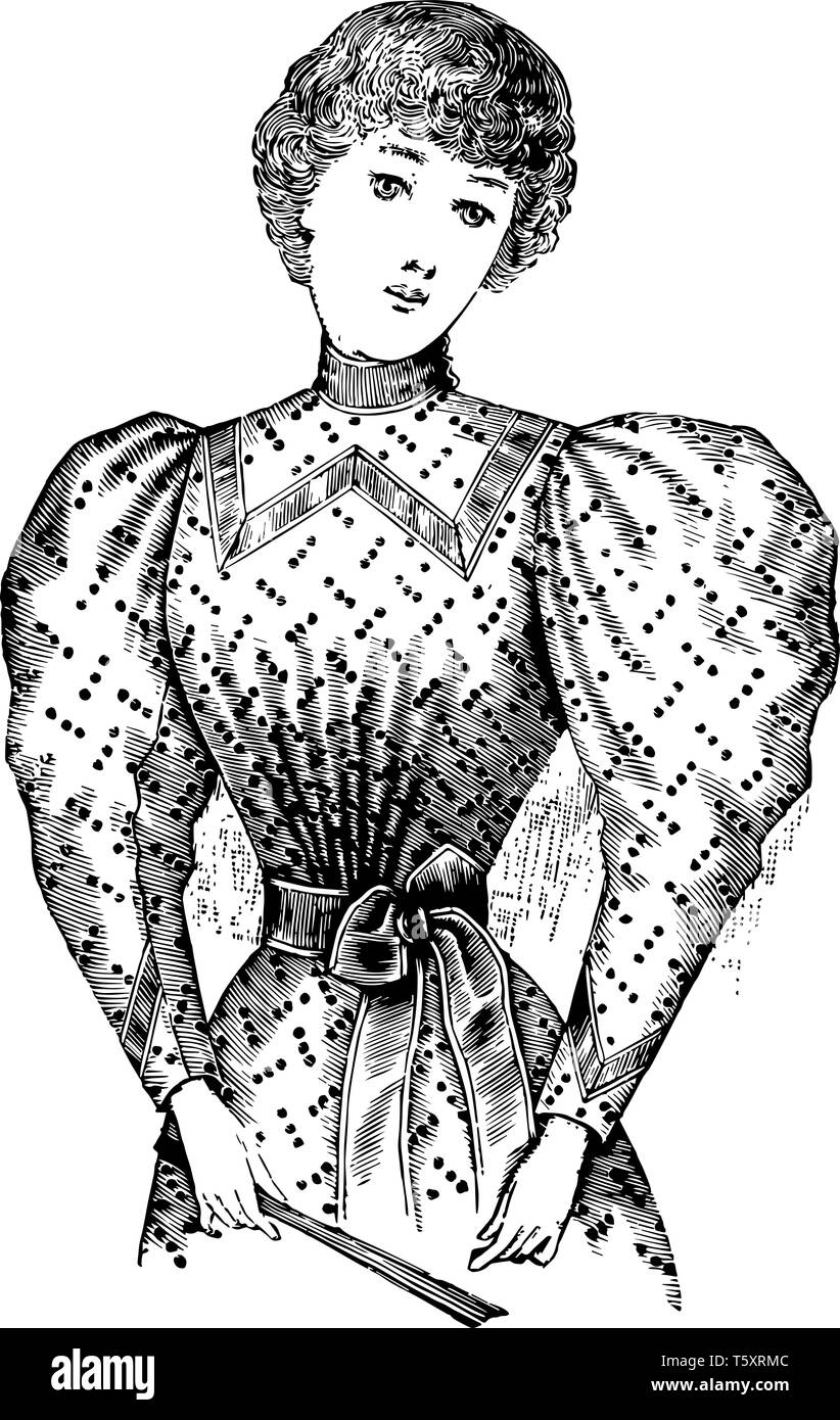 Late 19th Century Dotted Dress wearing a women, vintage line drawing or ...