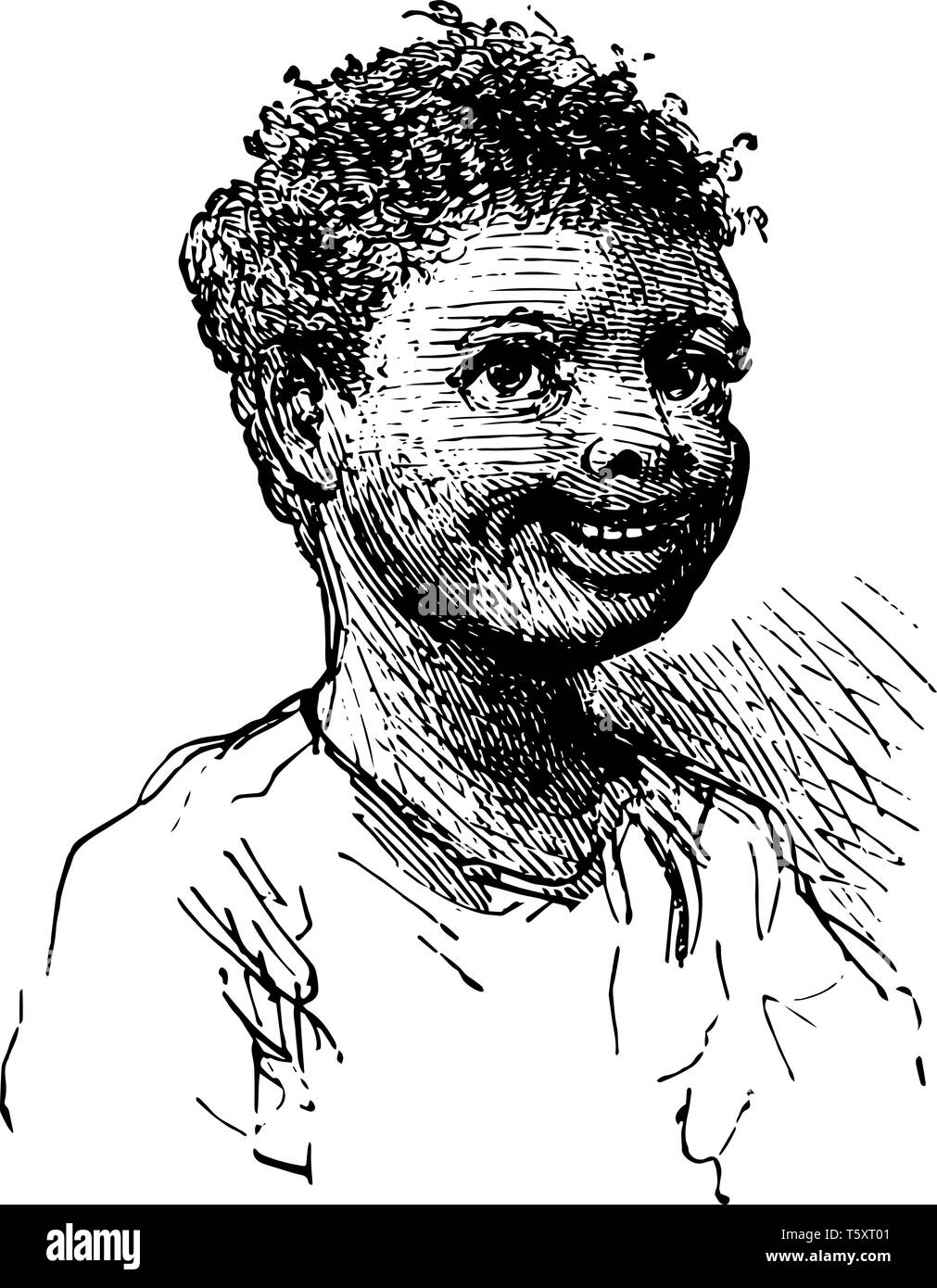 Boy Smiling like a portrait in this picture, vintage line drawing or ...