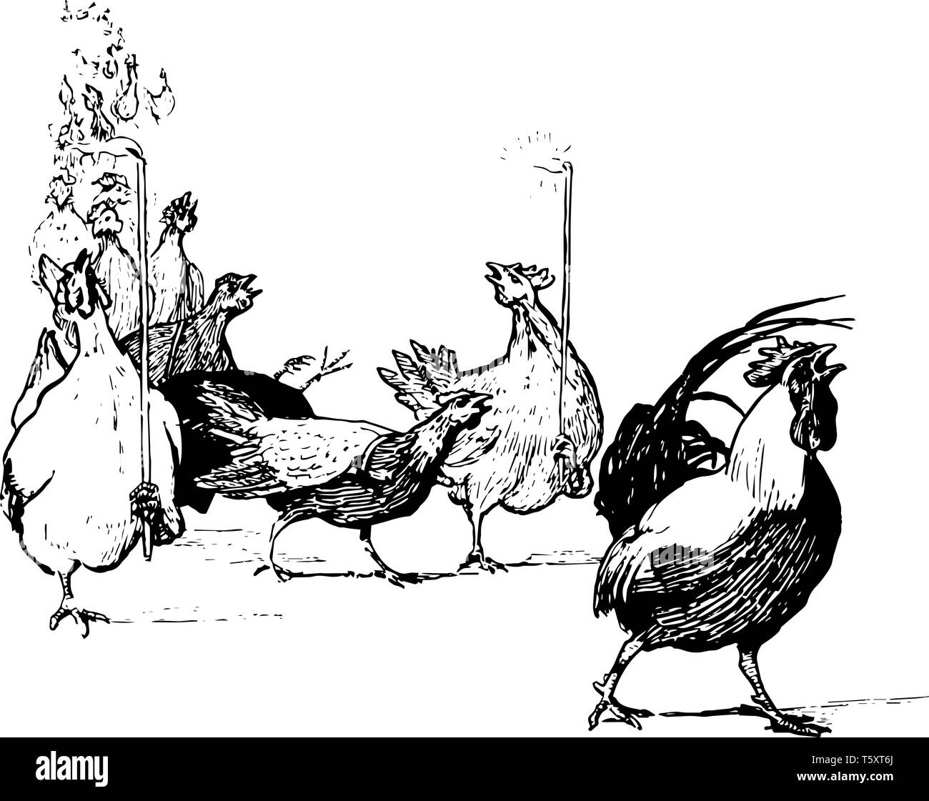 Group of hens walking on road and holding fire sticks, vintage line ...