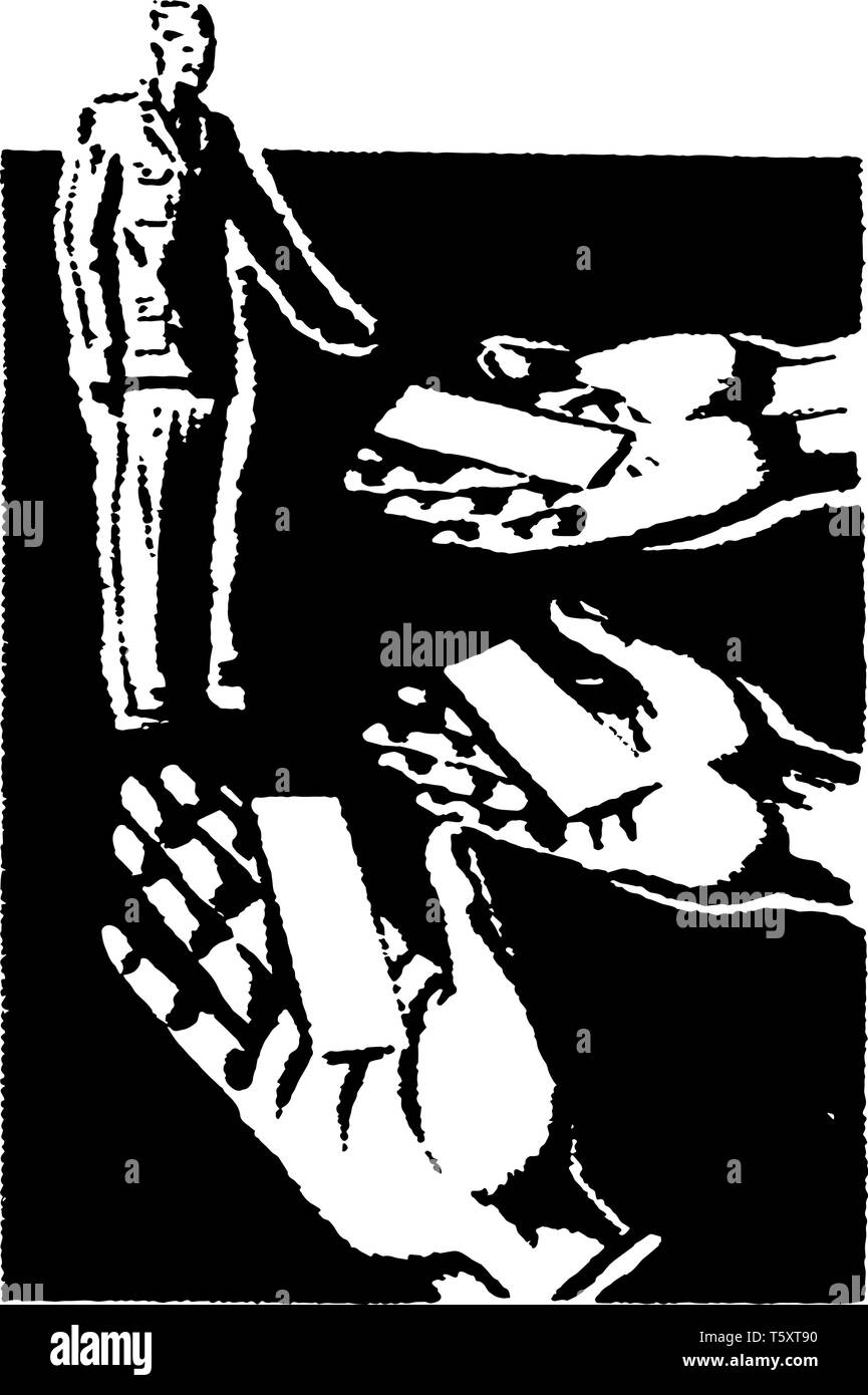 Multiple Hands Handing Man Cards in this picture, vintage line drawing ...