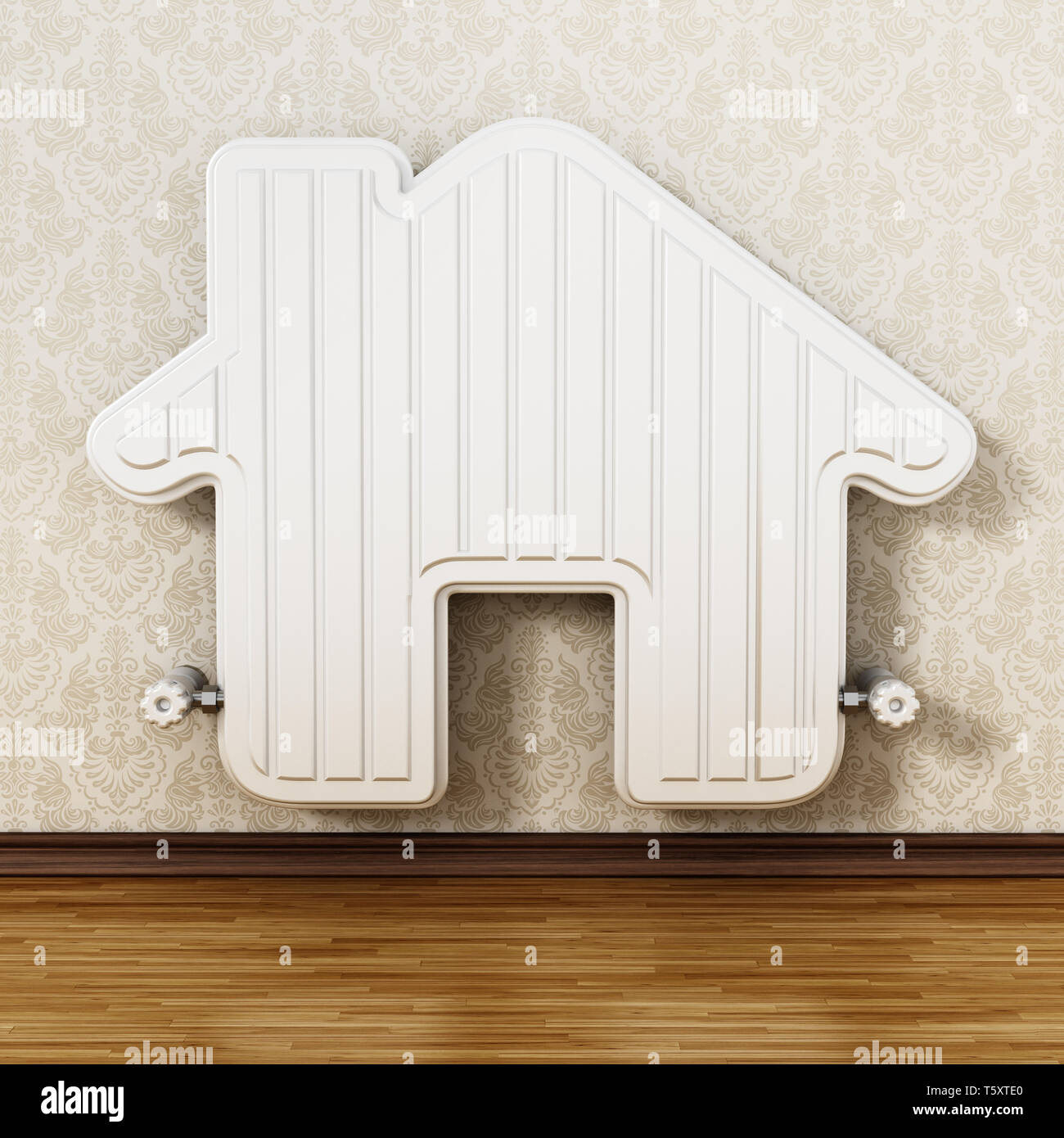 House shaped radiator hanging on the wall. 3D illustration Stock Photo ...