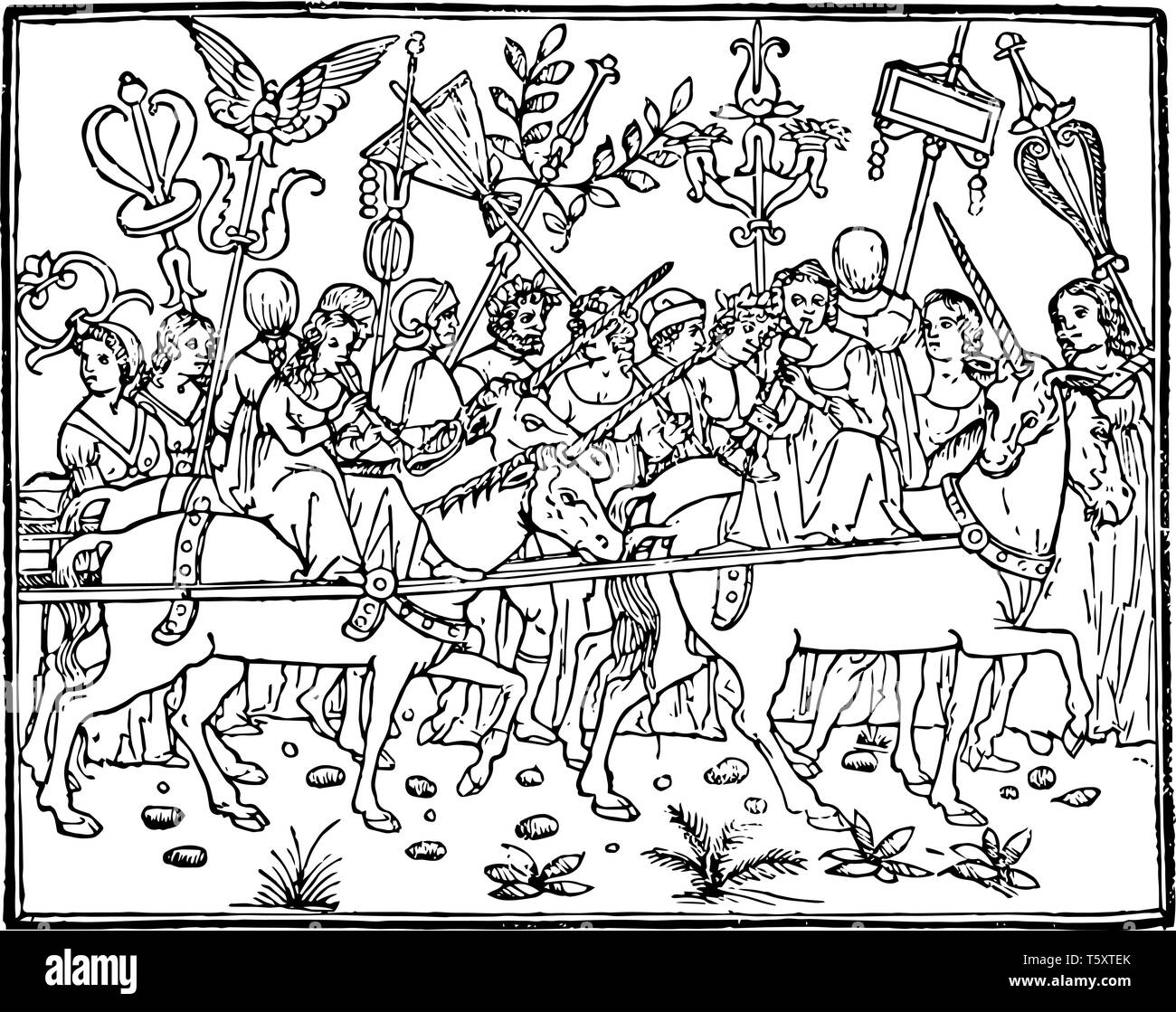 A unicorn pulling a cart, people walking with cart and playing musical ...