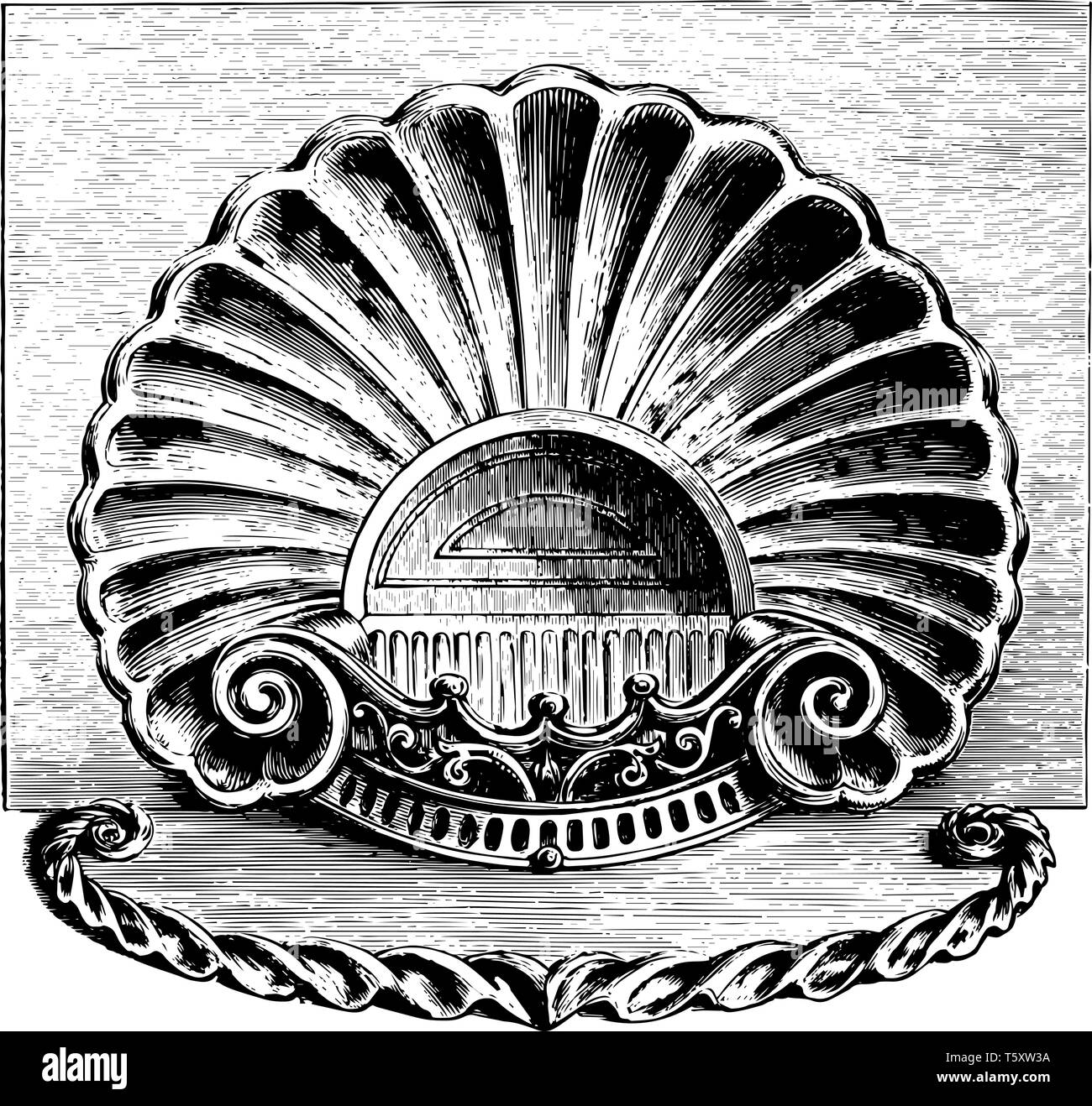 Engraving is in the style of a sea shell, vintage line drawing or ...