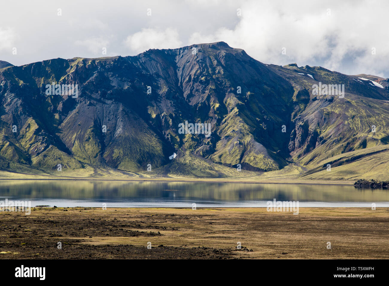 Dramatic iceland landscape with a green hill and black lava looks like ...