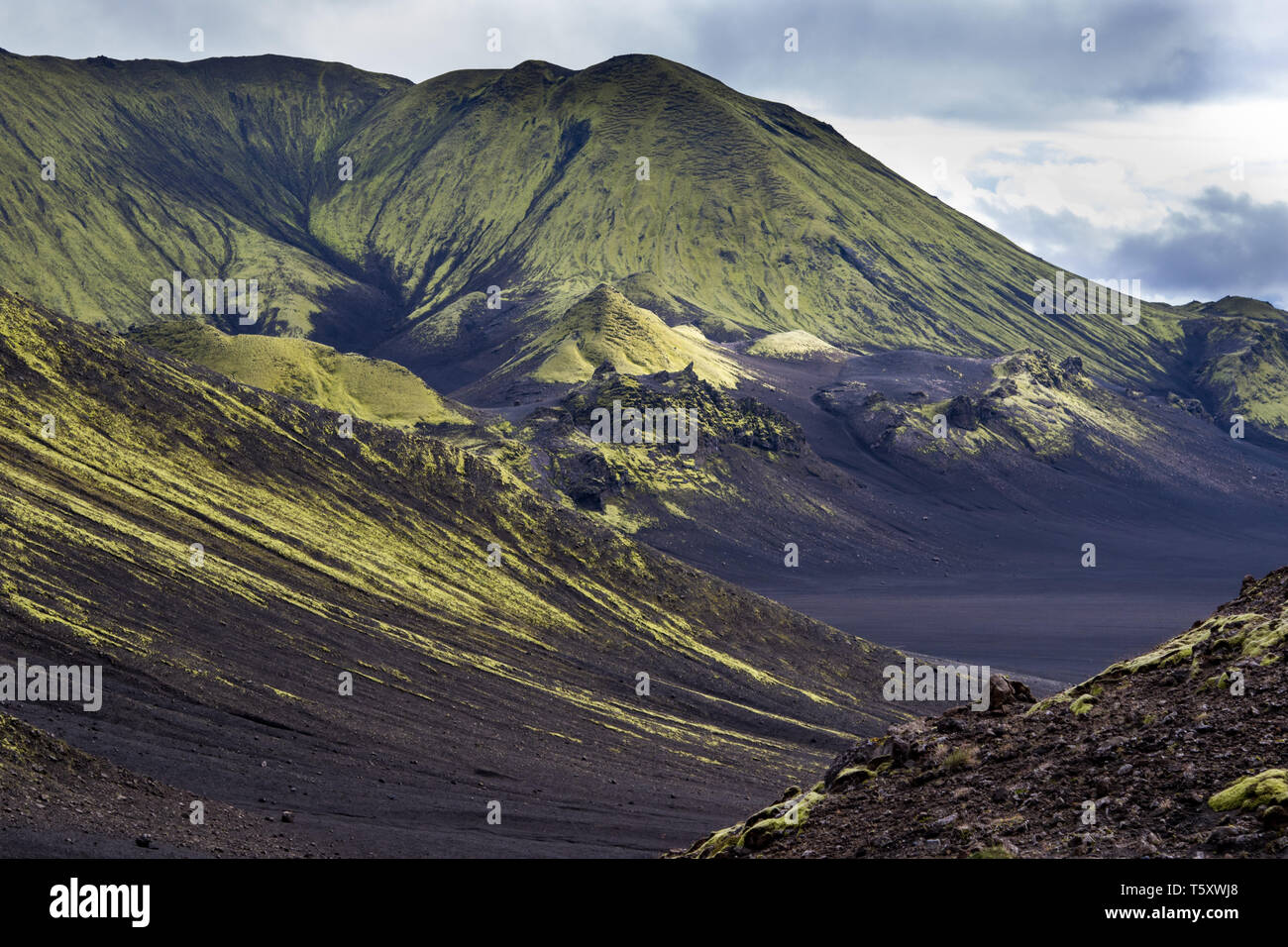 Dramatic iceland landscape with a green hill and black lava looks like ...