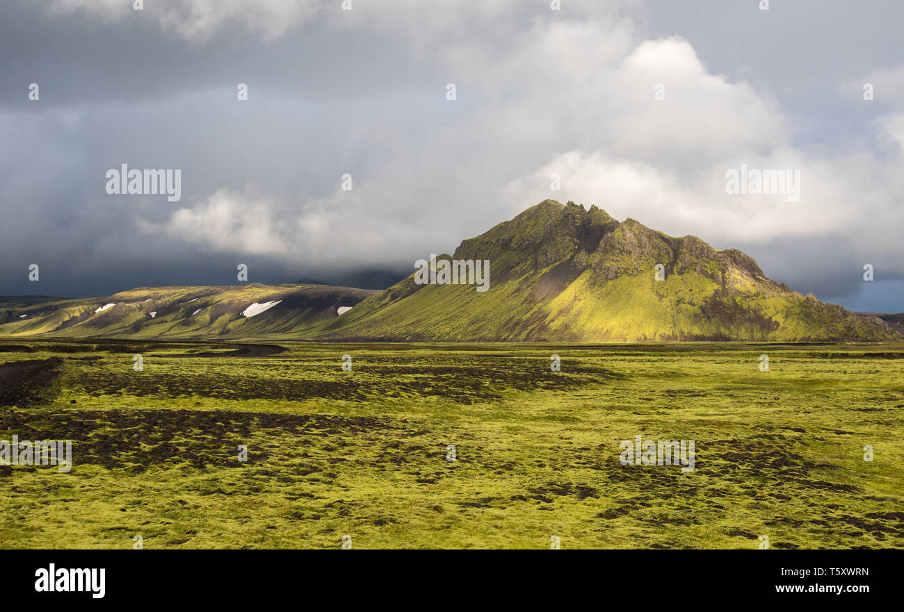 Dramatic iceland landscape with a green hill and black lava looks like ...