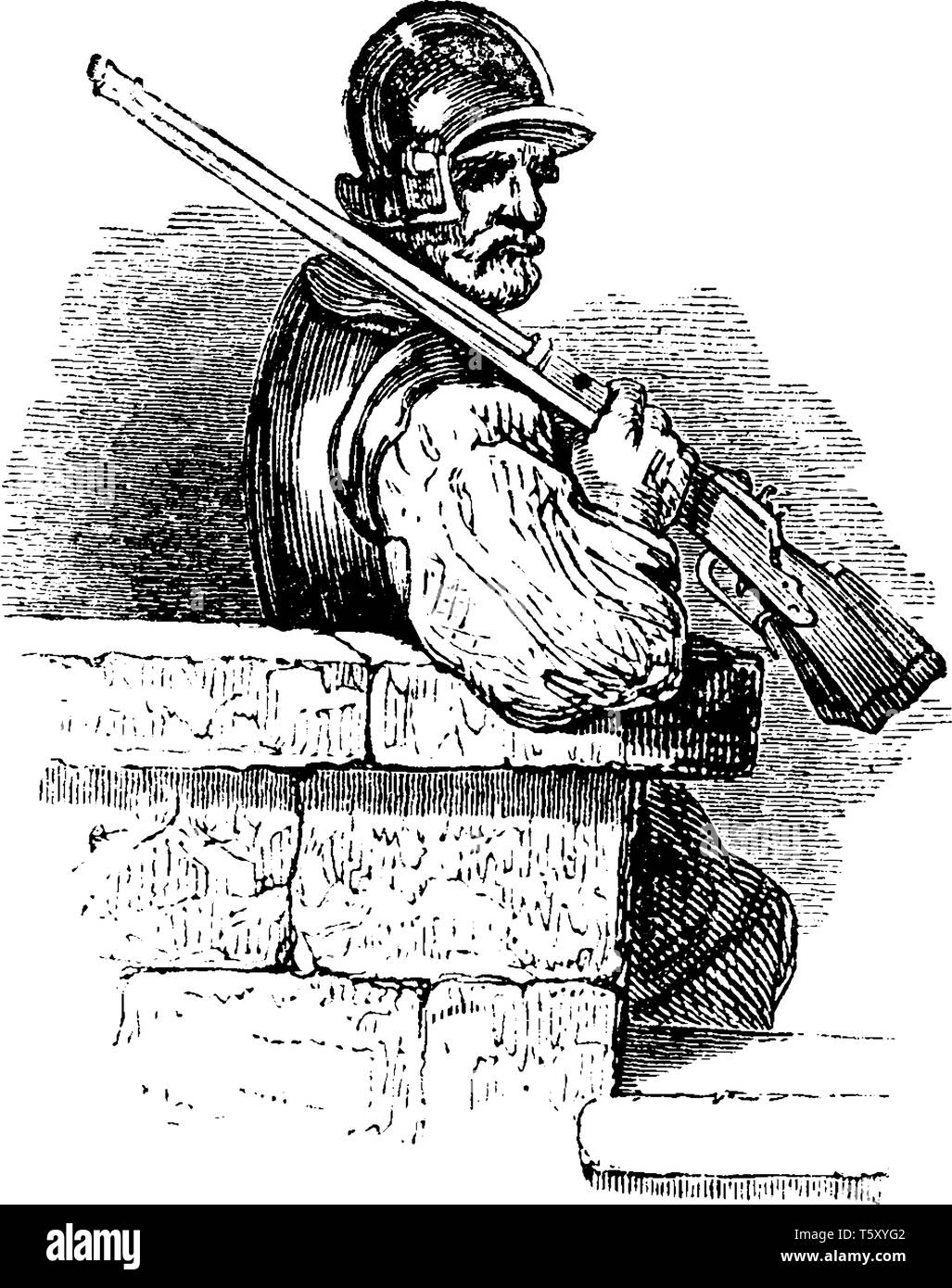 A soldier with gun, vintage line drawing or engraving illustration ...