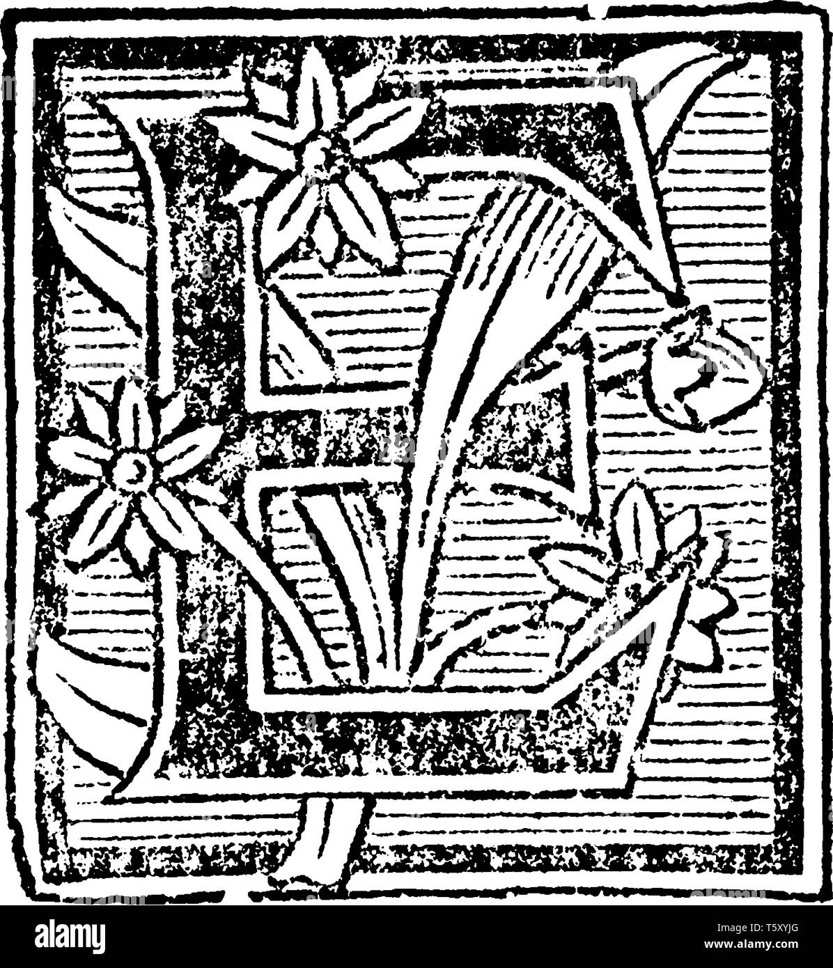 A decorative capital letter E with flowers and lines, vintage line ...