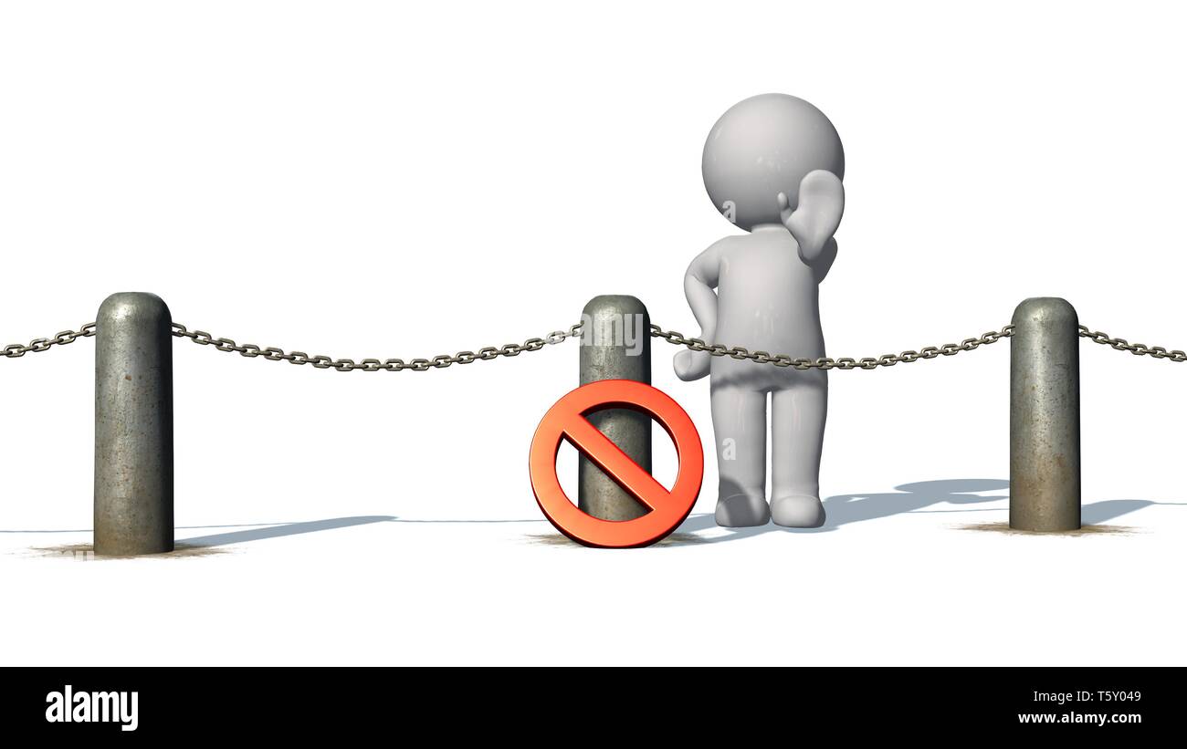 3D people behind chains blockade and stop sign - separated on white ...