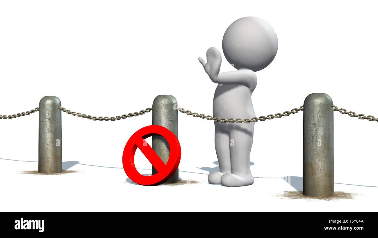 3D people behind chains blockade and stop sign - separated on white ...