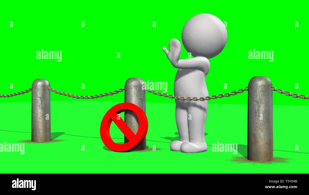 3D people behind chains blockade and stop sign - separated on white ...