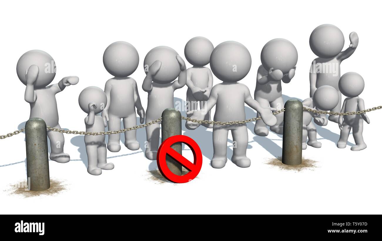 3D people behind chains blockade and stop sign- separated on white ...