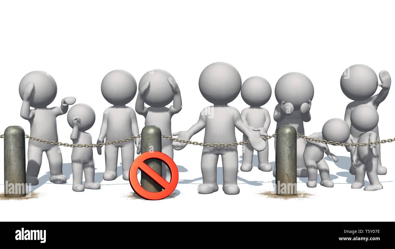 3D people behind chains blockade and stop sign- separated on white ...