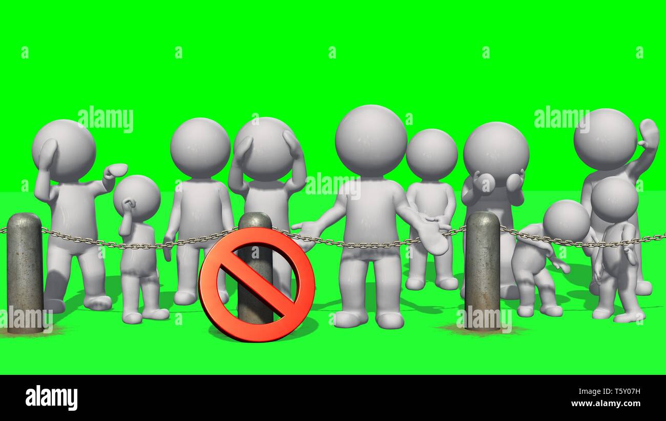 3D people behind chains blockade and stop sign - green screen Stock ...