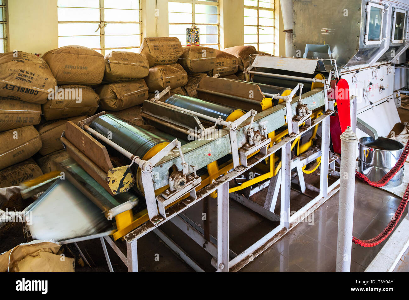 MUNNAR, INDIA - MARCH 16, 2012: Machines inside tea factory in Munnar ...