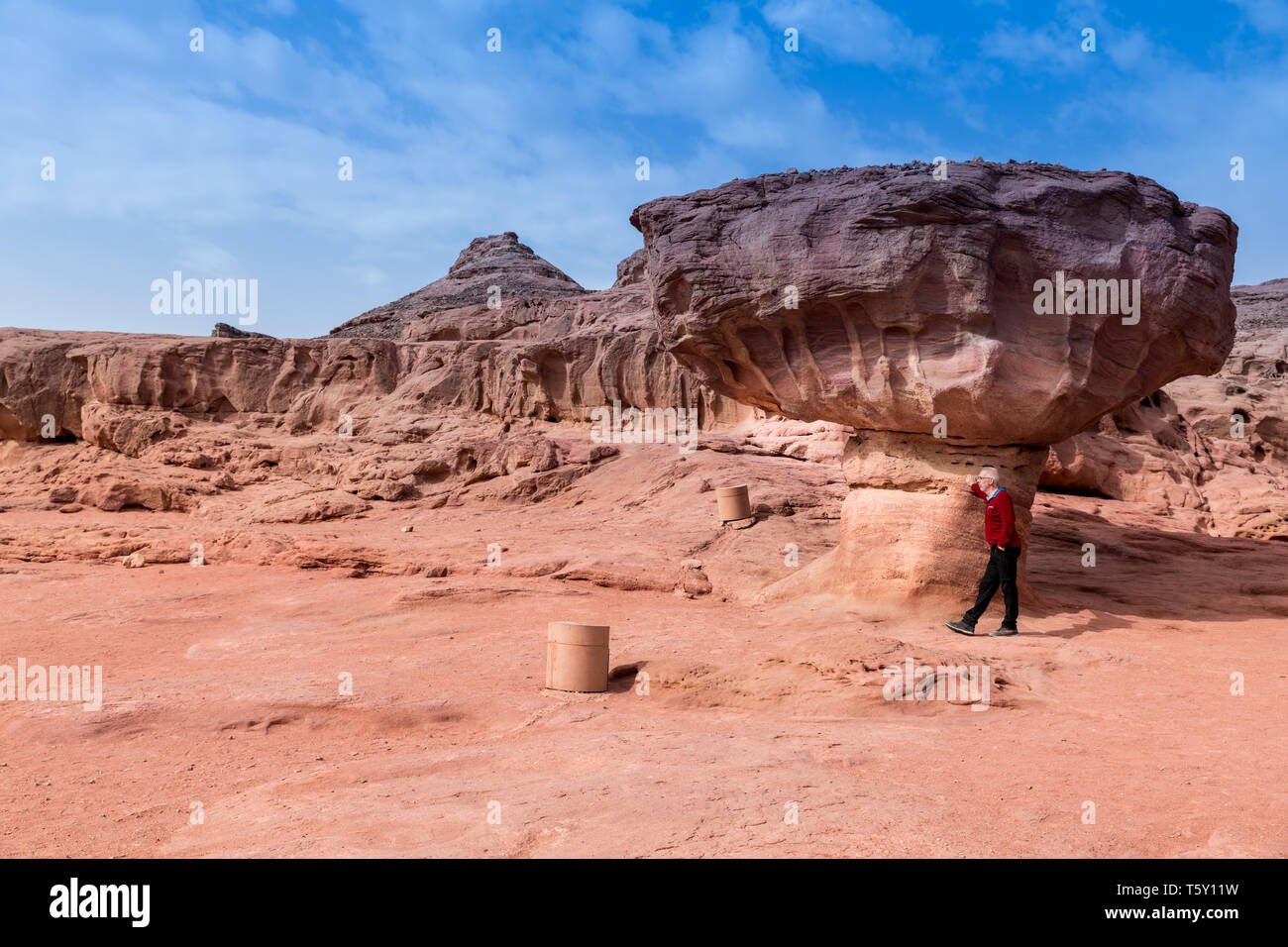 man at the famous mushroom rock in timna national park in israel, near ...