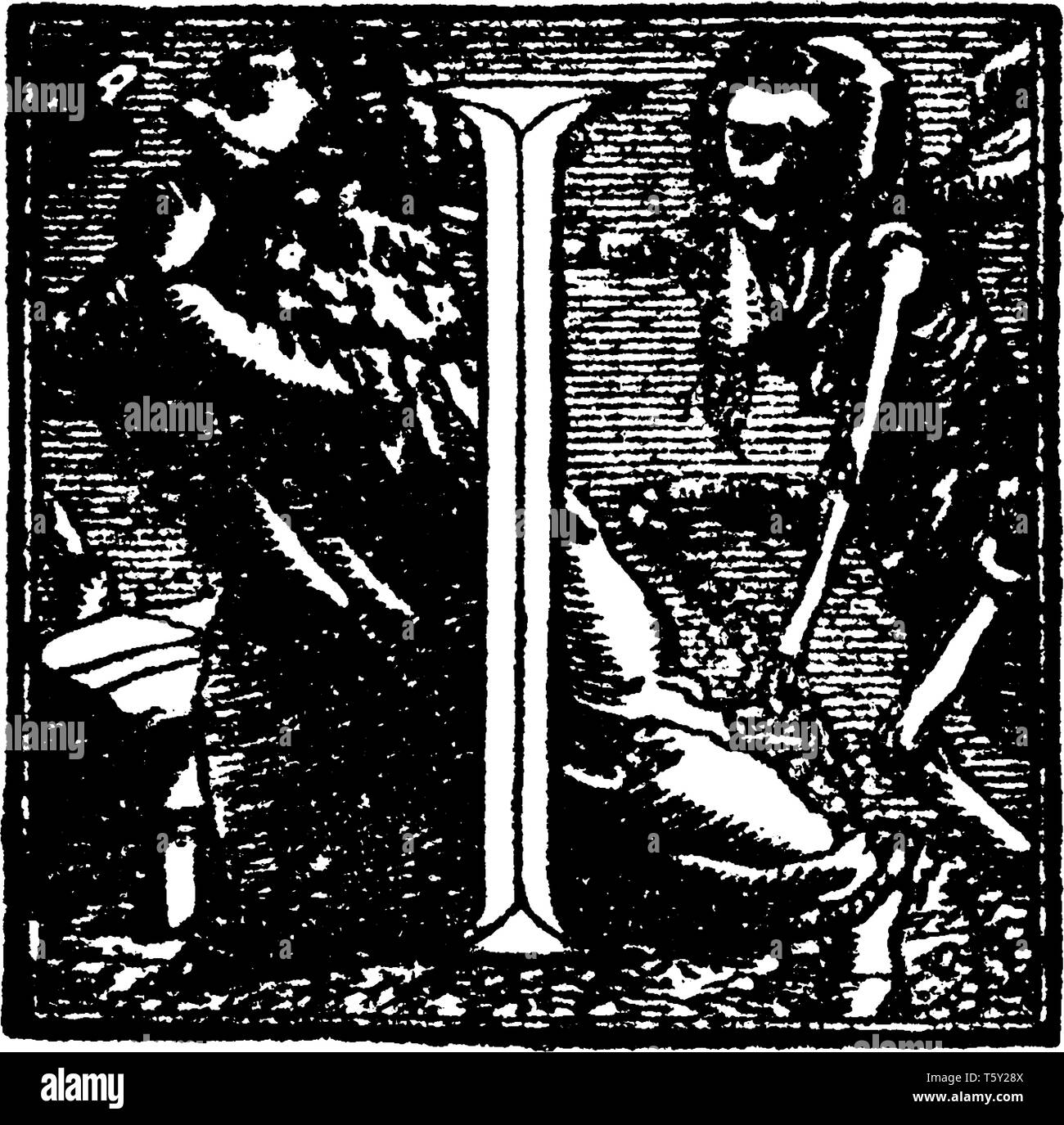 A letter I with a skeletal image running after a person, vintage line ...