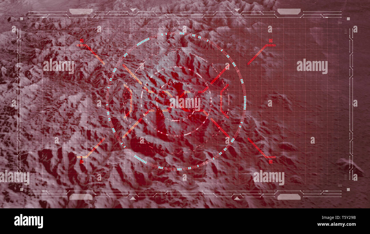 Satellite view of land, war operations, sci-fi, night vision with red ...