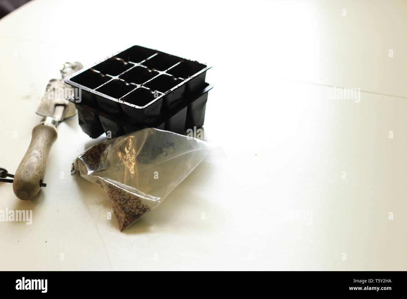 A bag of seeds next to a small shovel and modules for seed starting ...