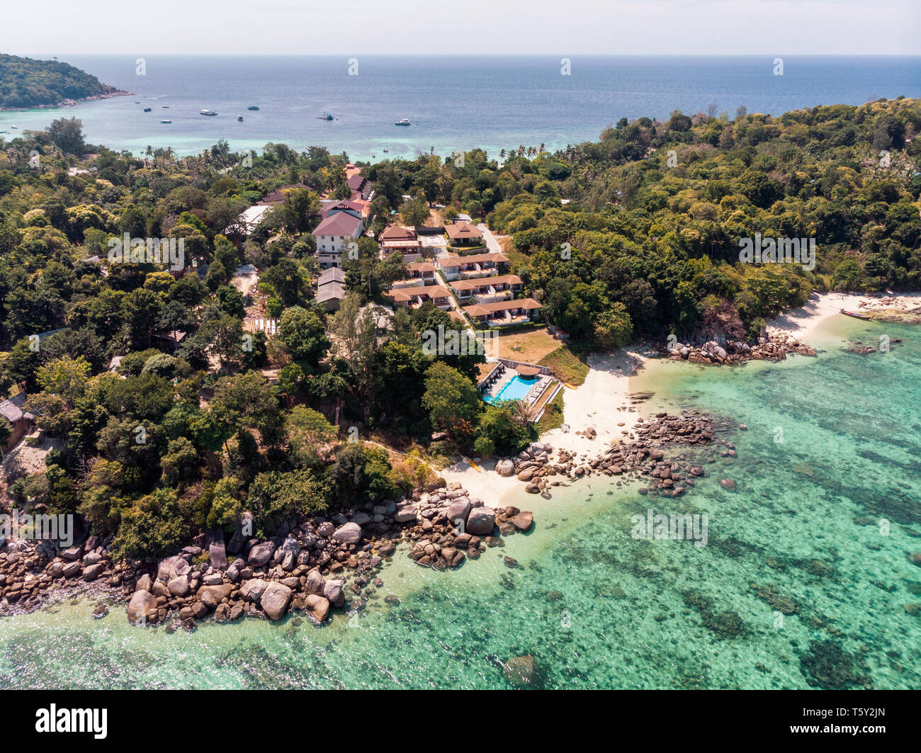 Aerial view of resort on hill in tropical sea at lipe island Stock ...