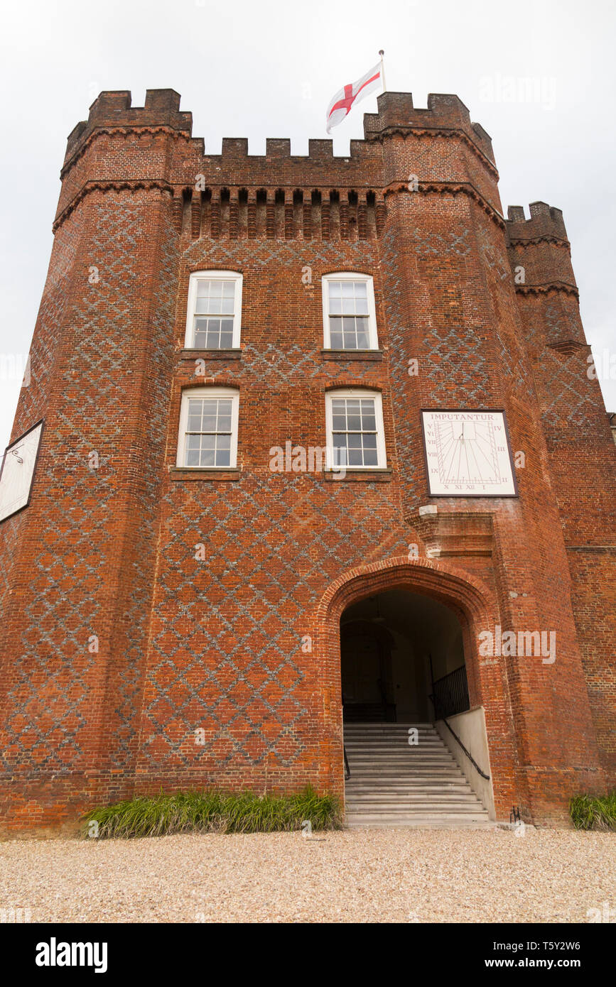 The Bishop's Palace tower of Farnham Castle, flying the flag of St ...