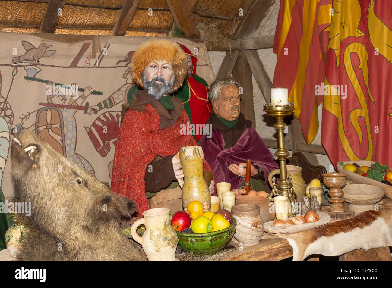 Model display of Lord's feast inside the Grand Hall, Mountfitchet ...