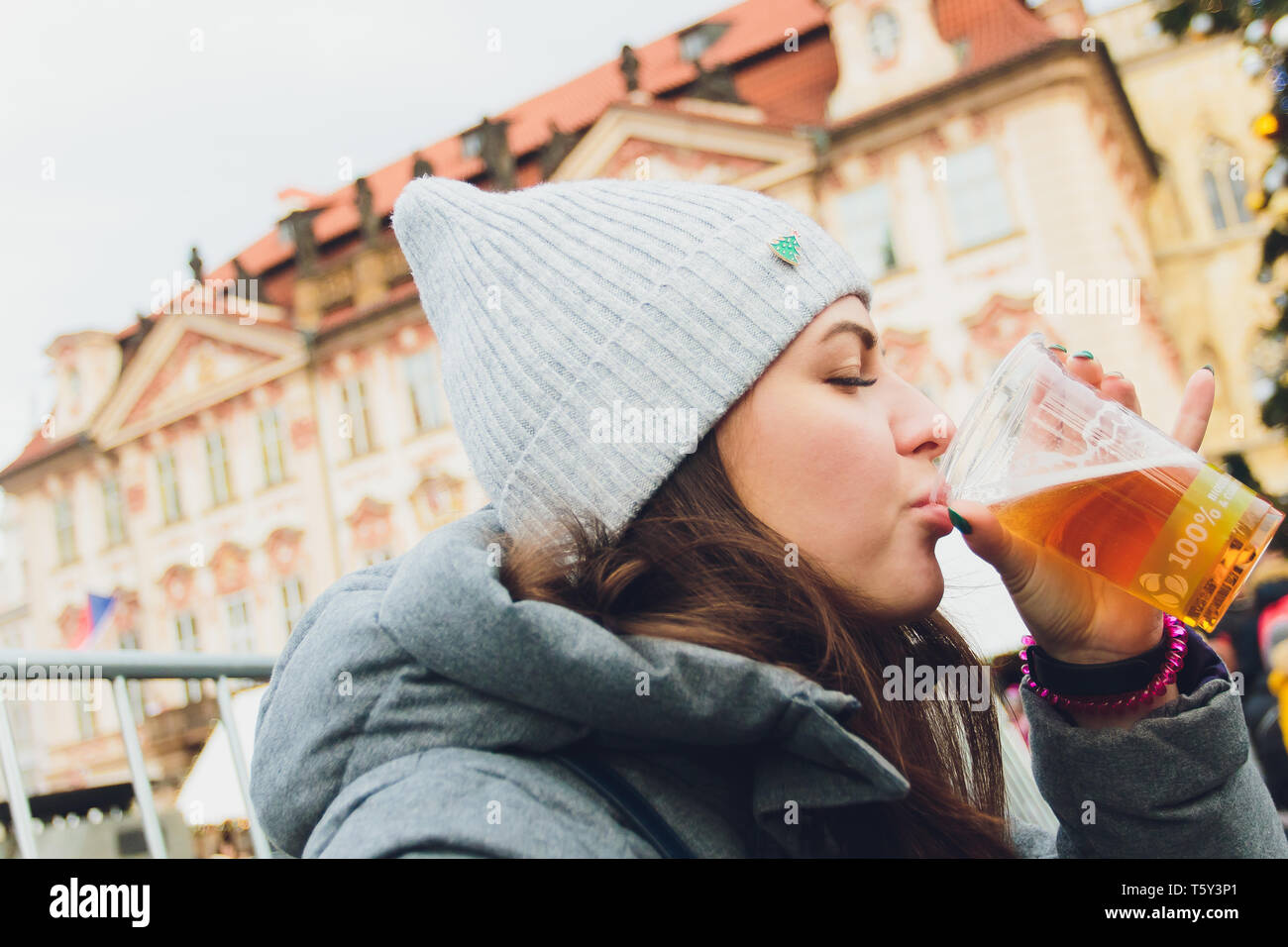 Woman drinking beer in bar terrace on the street Stock Photo - Alamy