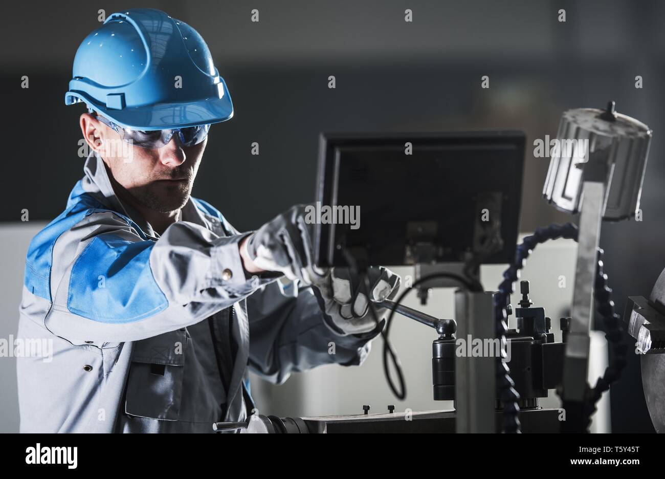 Lathe Metalworking Worker. Caucasian Machine Operator. Industrial Theme ...