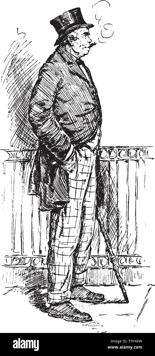 A man standing and holding cane in one hand, vintage line drawing or ...