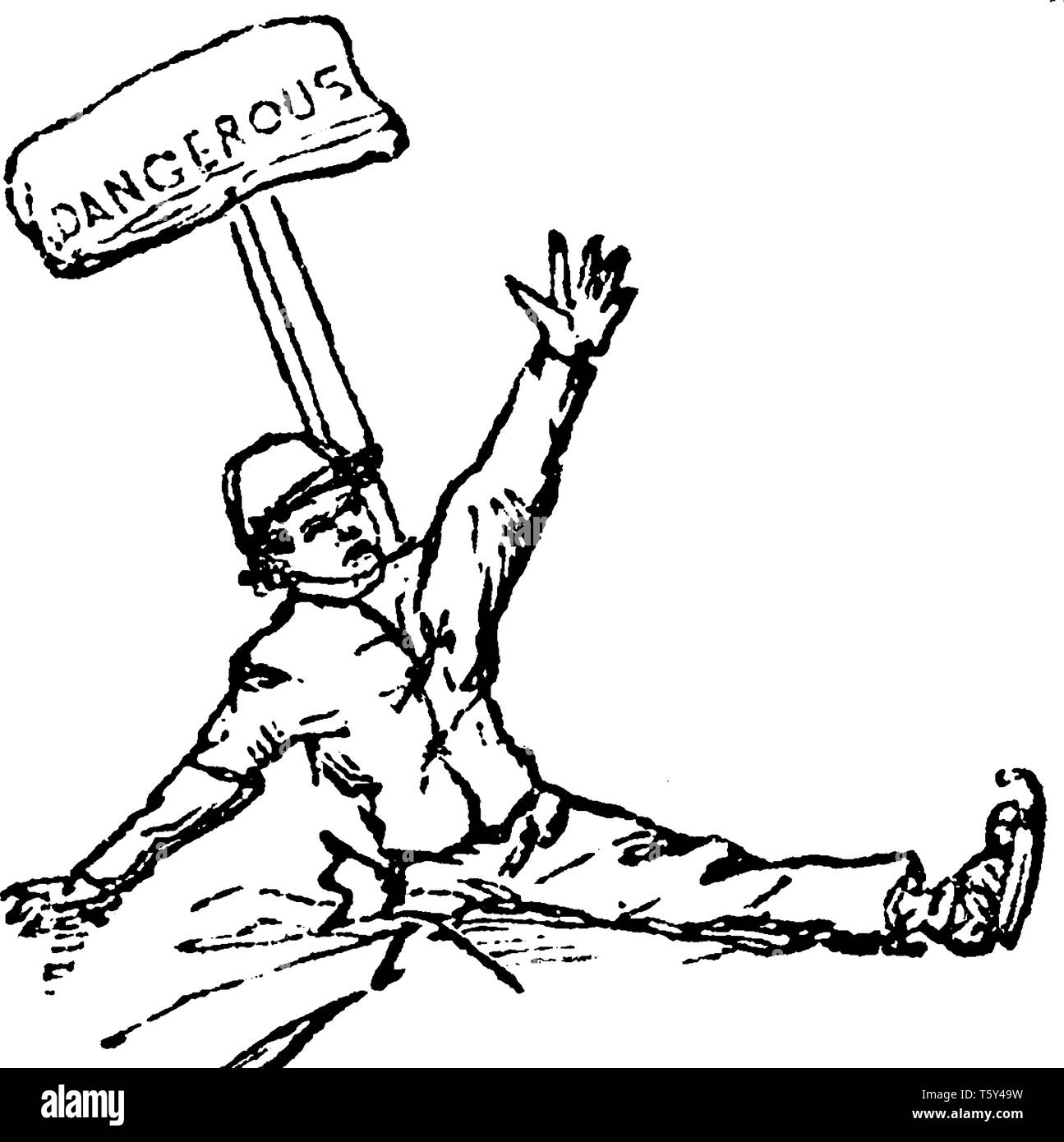 A man is sinking and DANGEROUS written on board, vintage line drawing ...