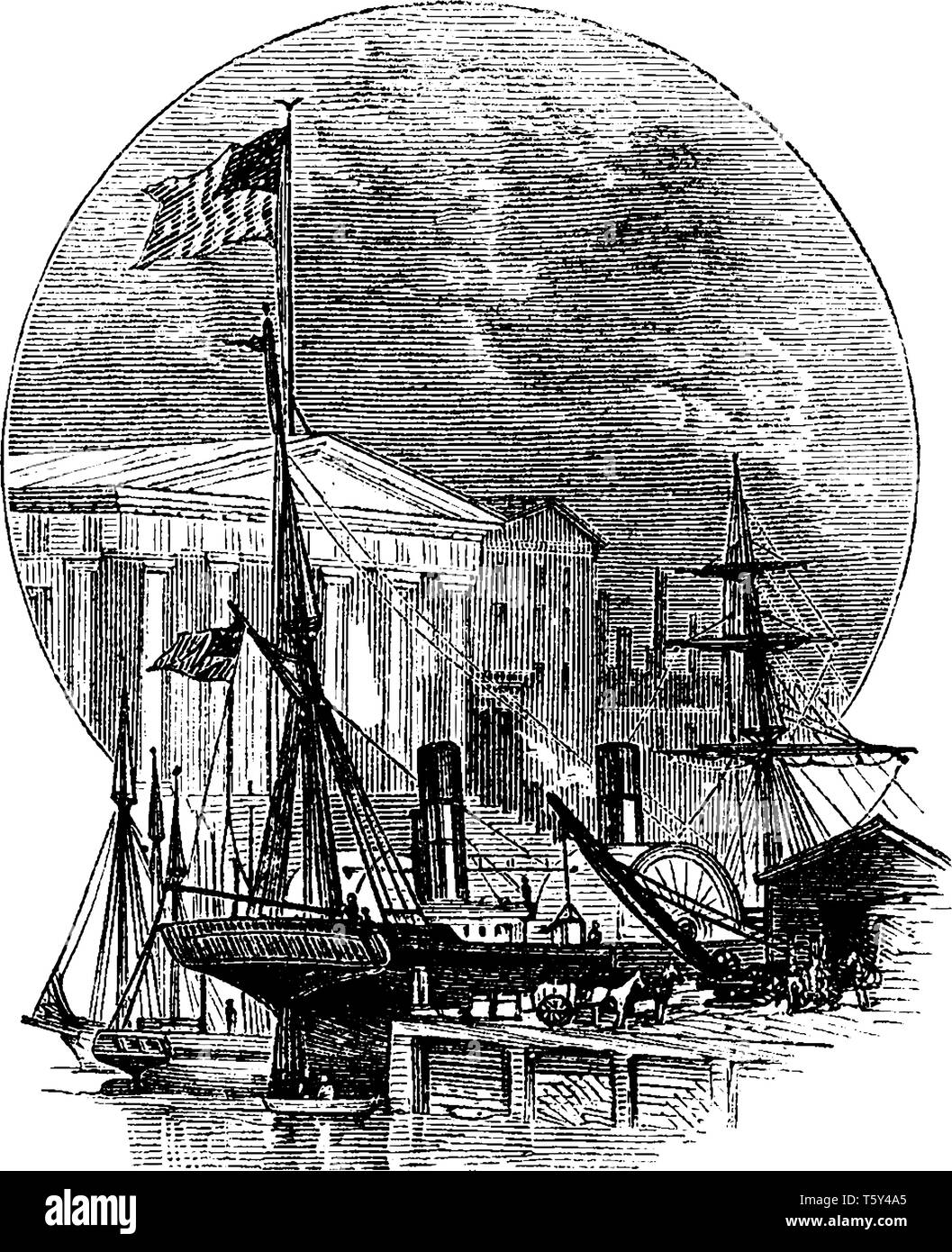 This illustration represents Port with Ships in Town, vintage line ...