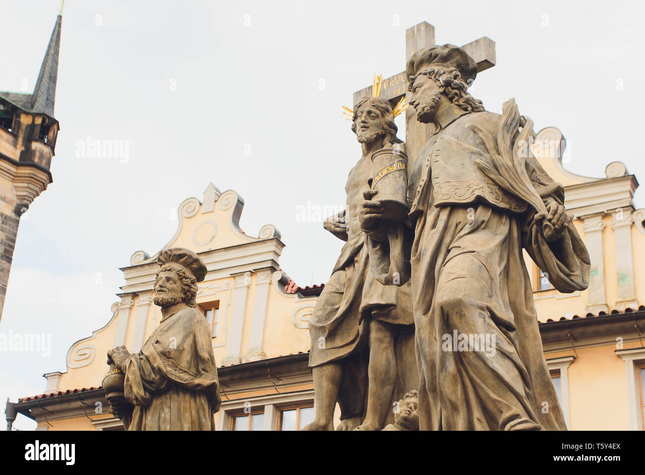 Baroque Statues on the Prague Charles Bridge on a sunny day Stock Photo ...