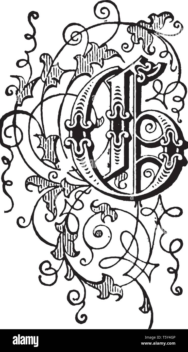 An ornamental and floral capital letter G, vintage line drawing or ...