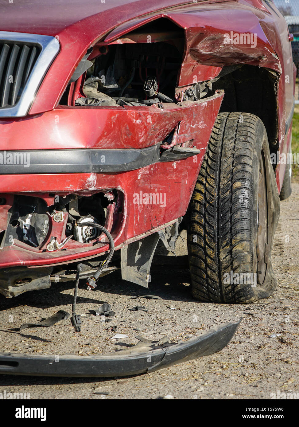 A closeup of a broken car after a car crash accident on the road Stock ...