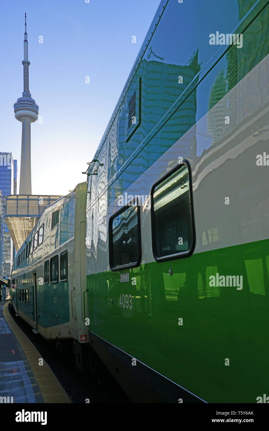 TORONTO, CANADA -26 MAR 2019- View of green and white GO transit ...