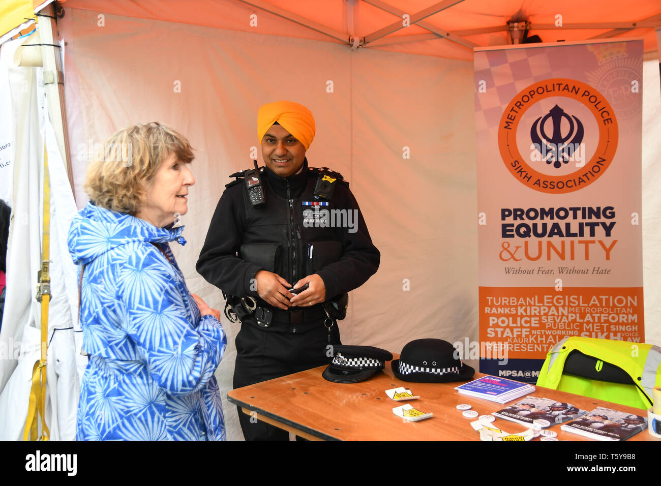 London, England, UK. 27 April 2019. Sikh police stall at the Vaisakhi ...