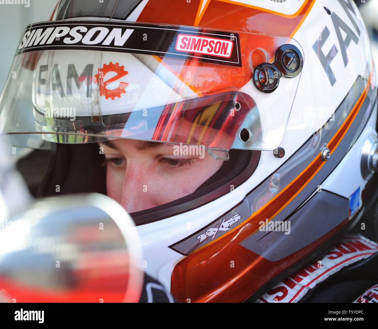 Talladega, AL, USA. 27th Apr, 2019. A NASCAR driver takes a moment to ...