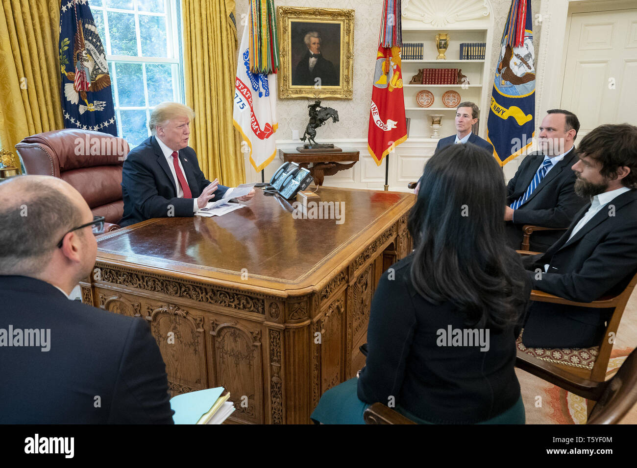 President Donald J. Trump meets with Twitter chief executive officer Jack Dorsey Tuesday, April ...