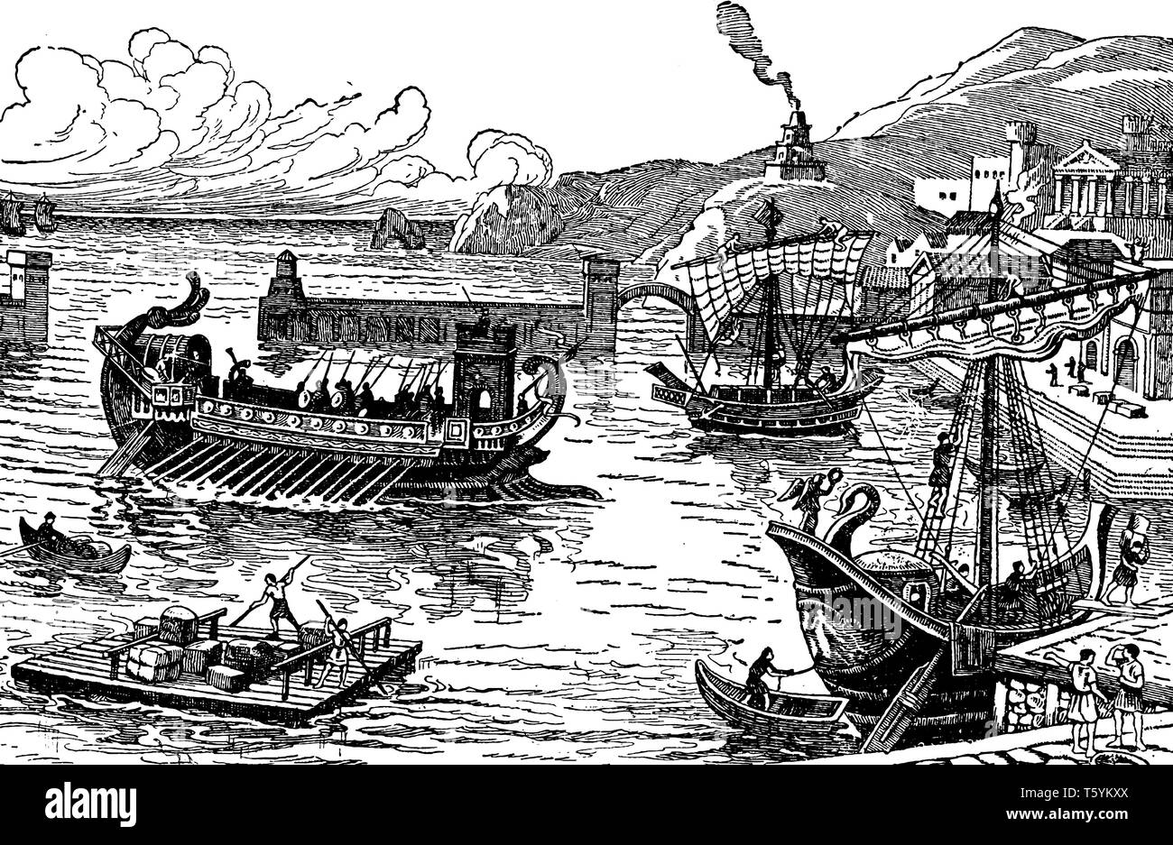 An Ancient Harbor from the era of the Roman Empire, vintage line ...