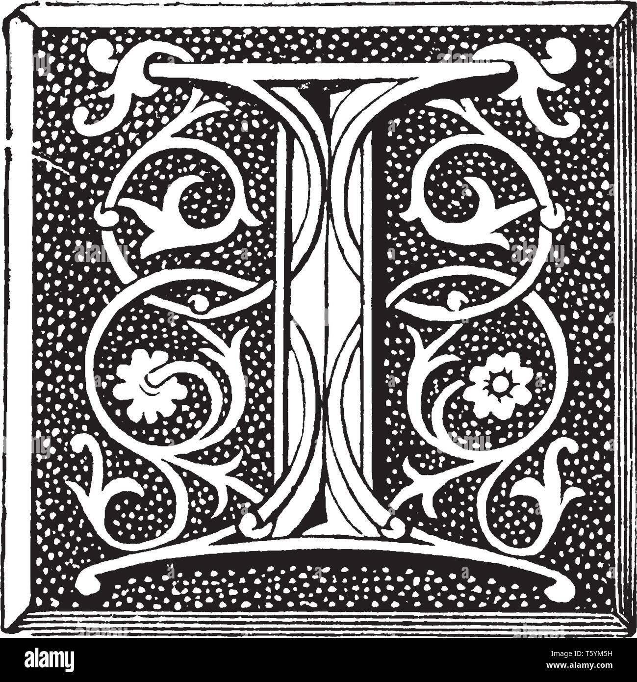 A floral and decorative capital letter I, vintage line drawing or ...