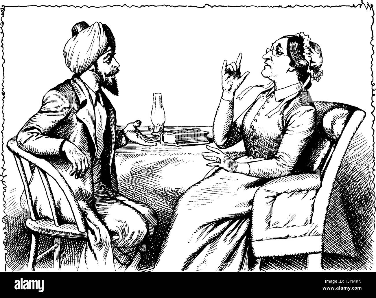 A man and woman sitting at table and talking, book kept on table ...
