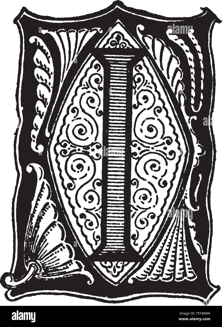 An ornamental and decorative letter I, vintage line drawing or ...