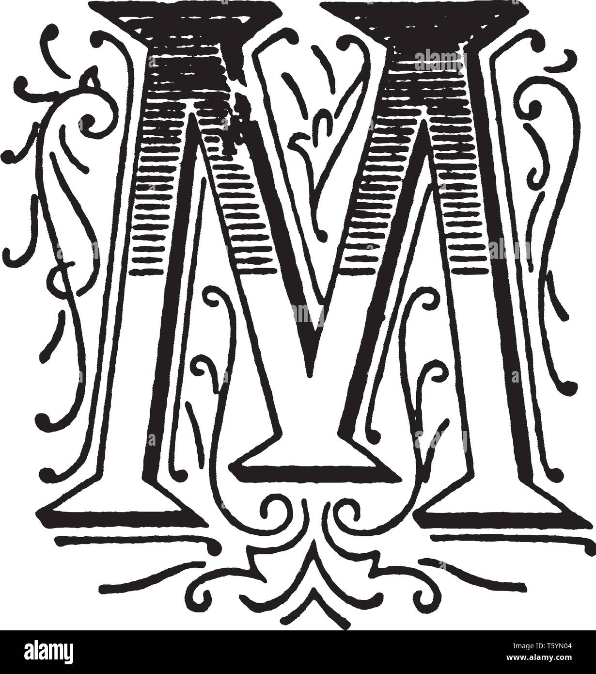 An ornamental capital letter M, vintage line drawing or engraving ...