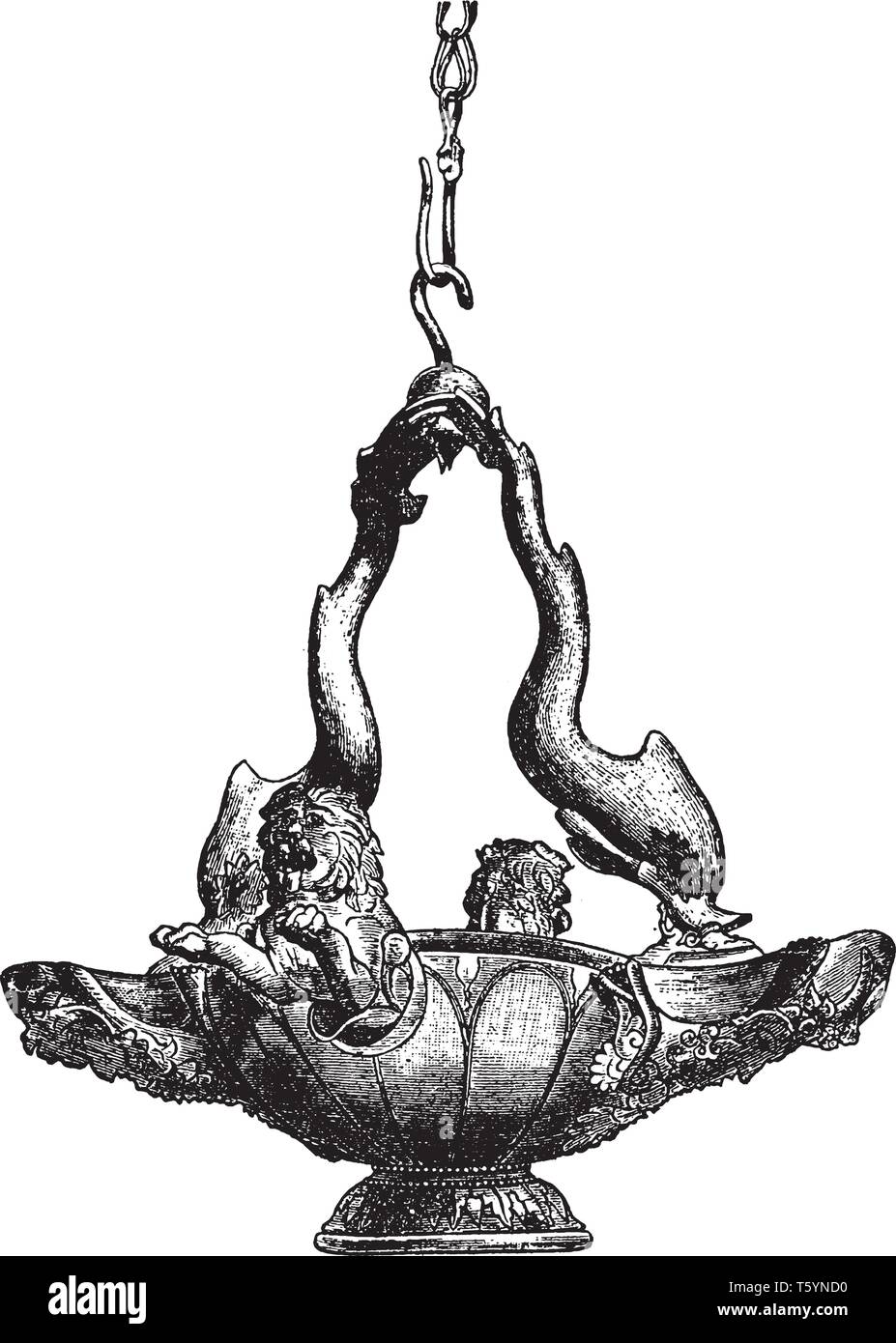 This illustration represents Bronze Lamp, vintage line drawing or ...