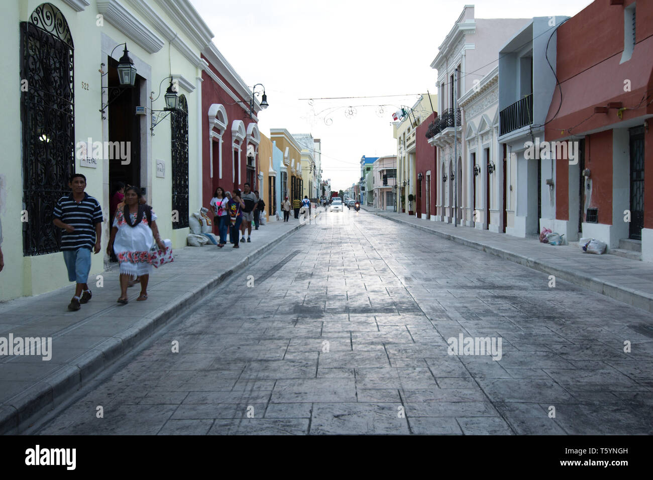 Merida, Yucatan, Mexico - 2019: View of a typical cobblestone street ...