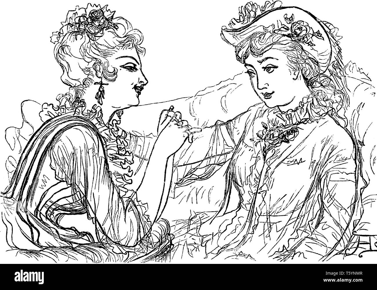Two women talking, vintage line drawing or engraving illustration Stock ...
