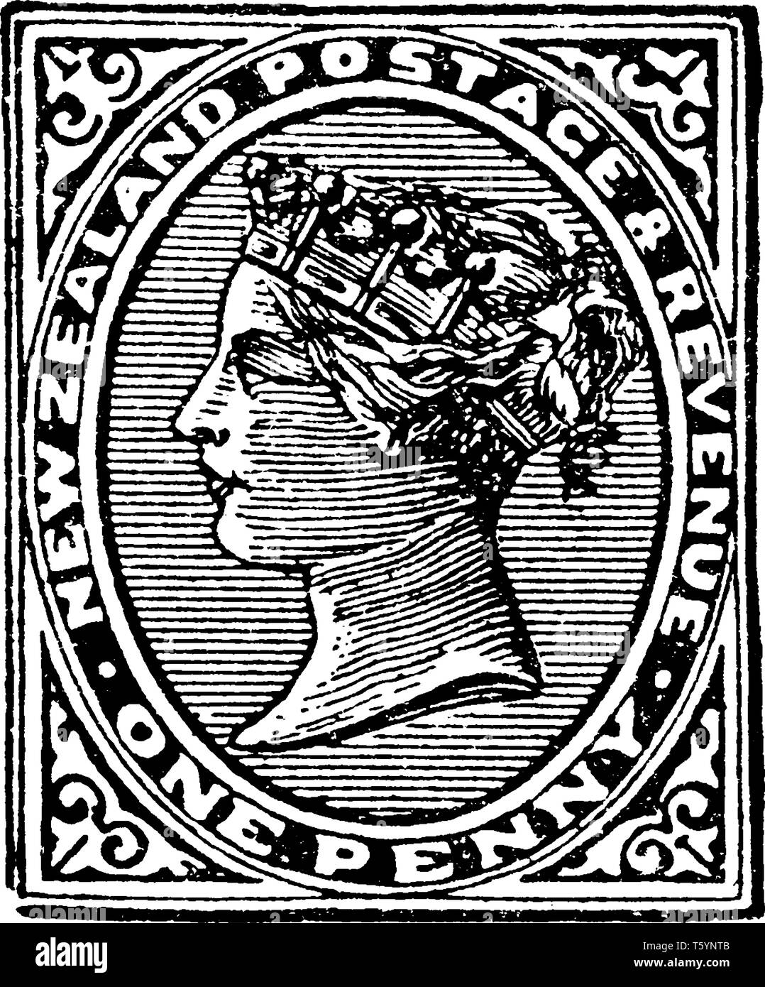 This image represents New Zealand One Penny Stamp in 1882, vintage line ...