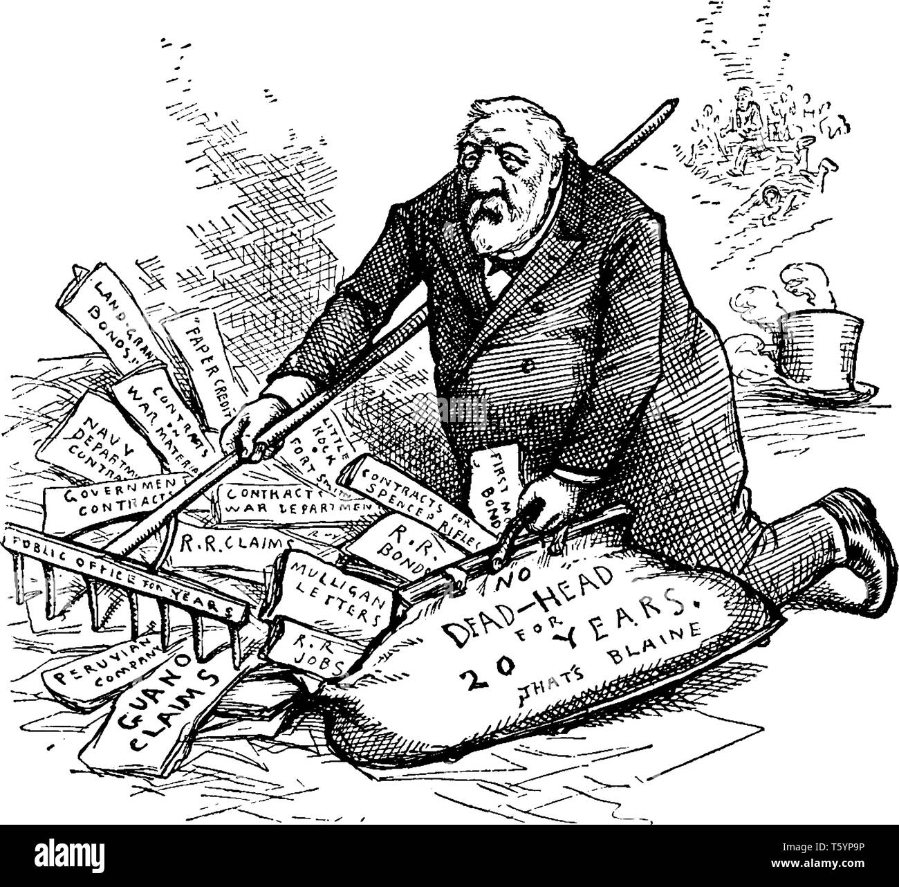 A man collecting his past record, vintage line drawing or engraving ...