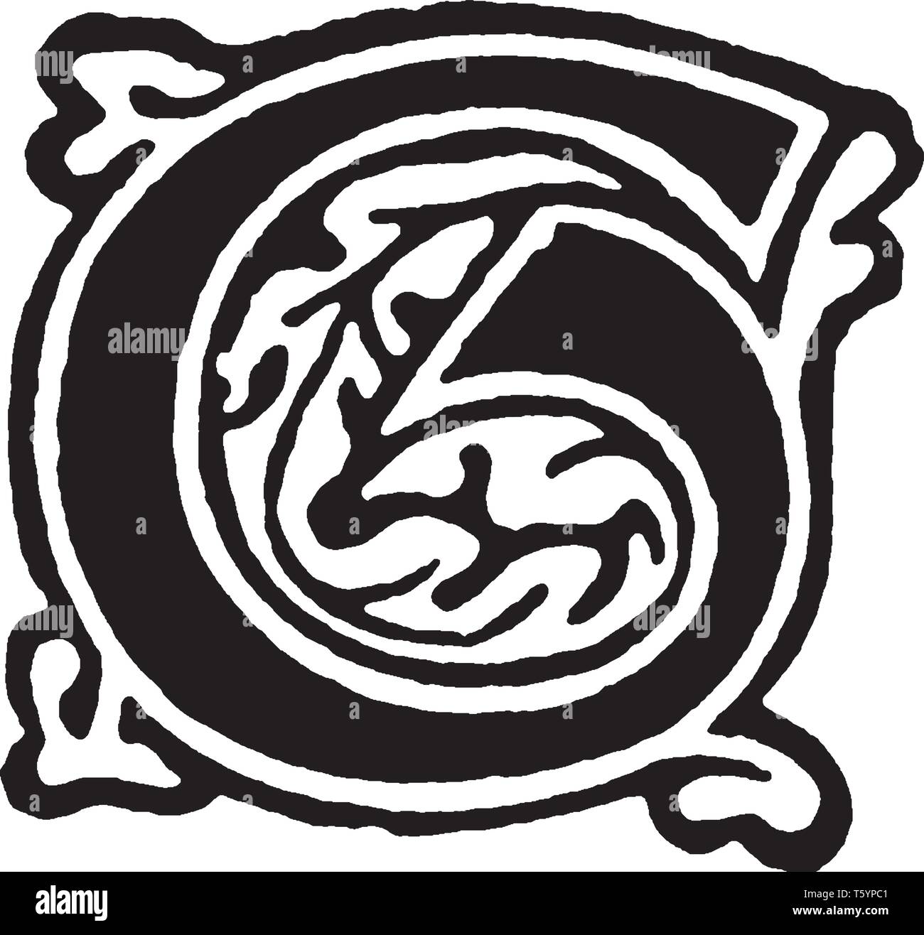 A floral and decorative capital letter G, vintage line drawing or ...